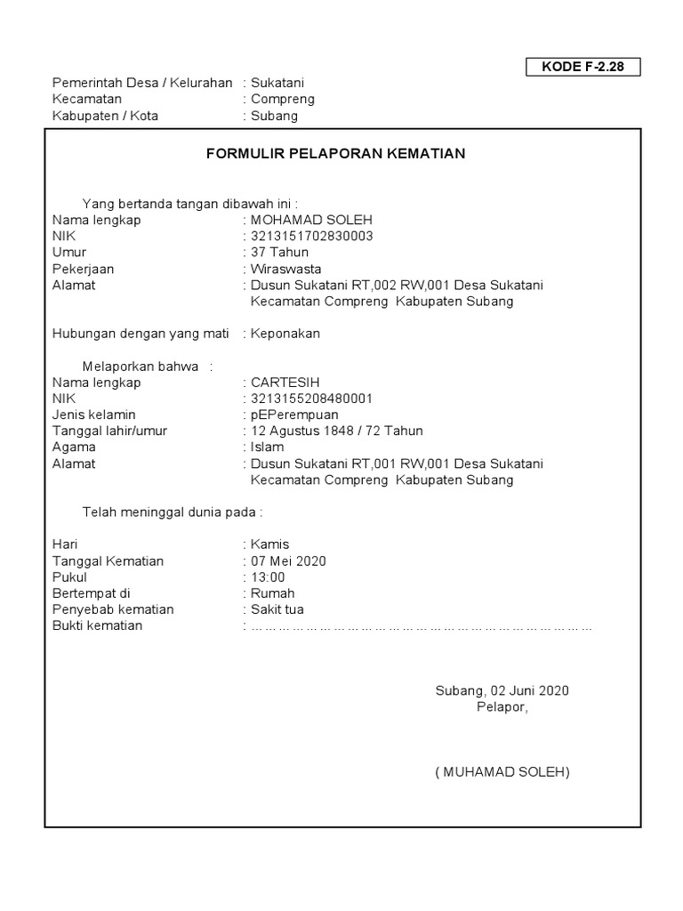 Formulir Pelaporan Kematian Kode f2-28 | PDF