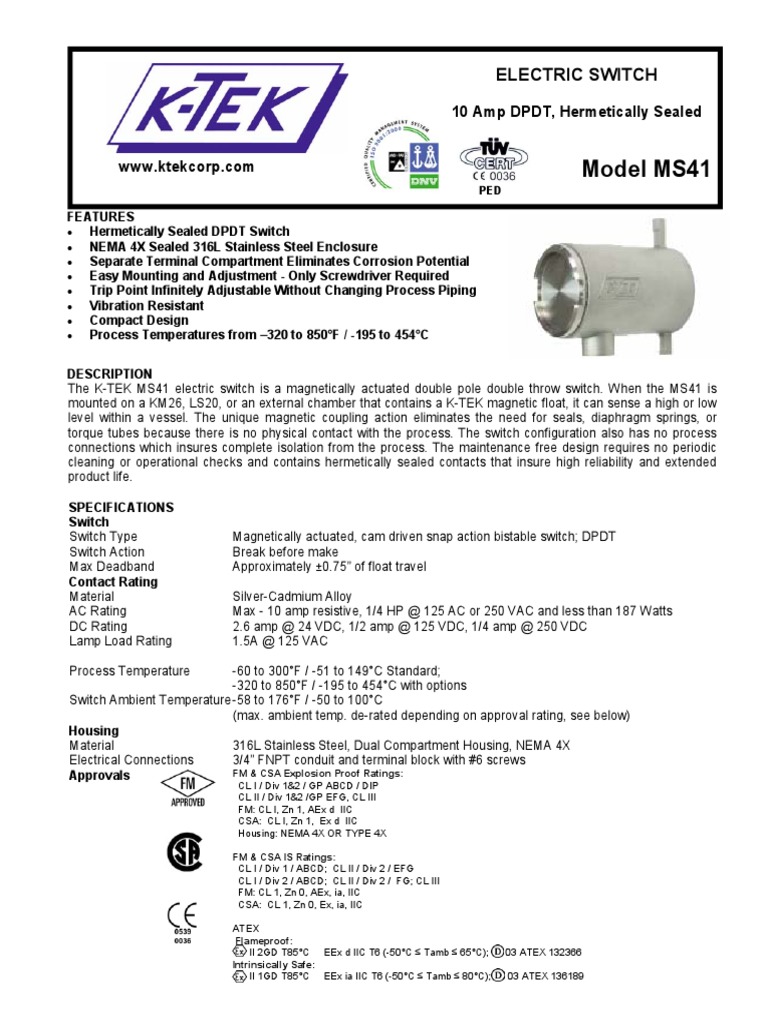Model MS41: 10 Amp DPDT, Hermetically Sealed | PDF | Switch ...