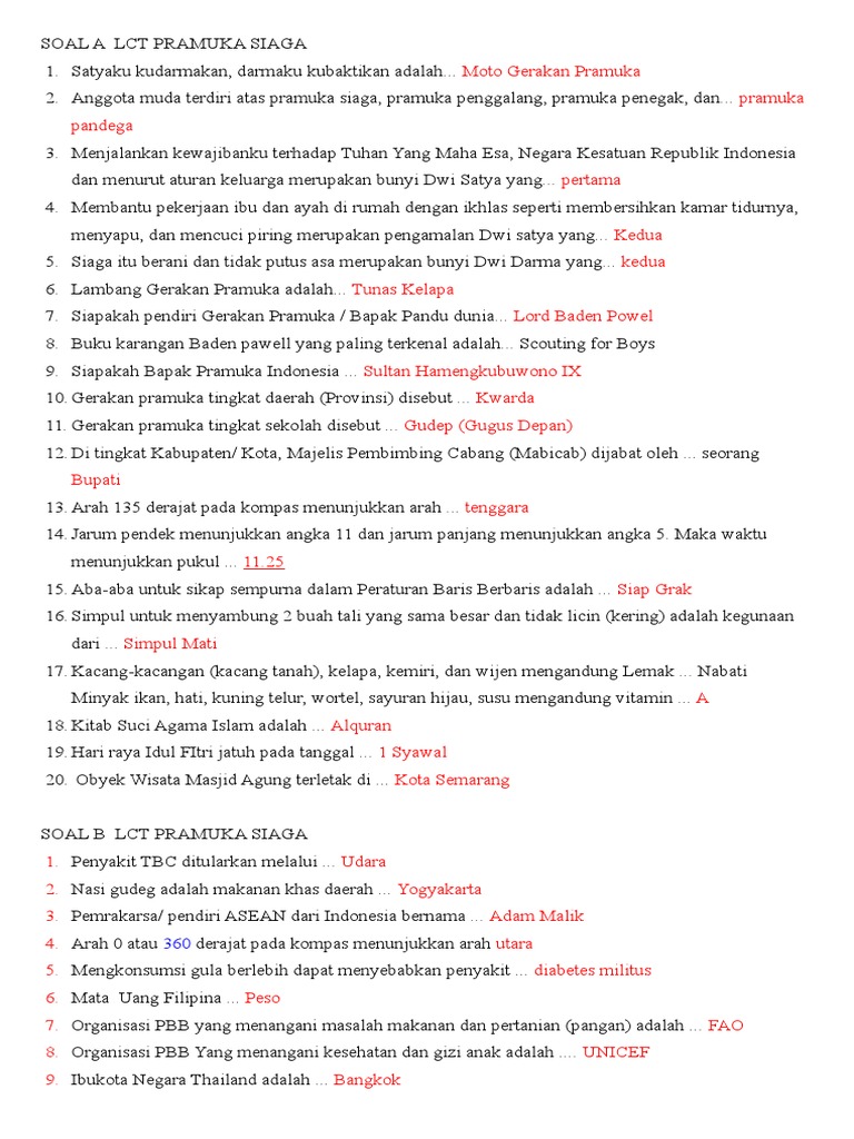 Latihan Soal Paket 1 LCT Pramuka Siaga | PDF