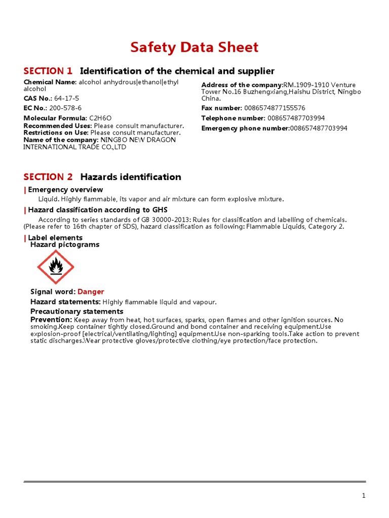 Alcohol SDS: Flammability & Safety Guidelines | PDF | Dangerous Goods ...