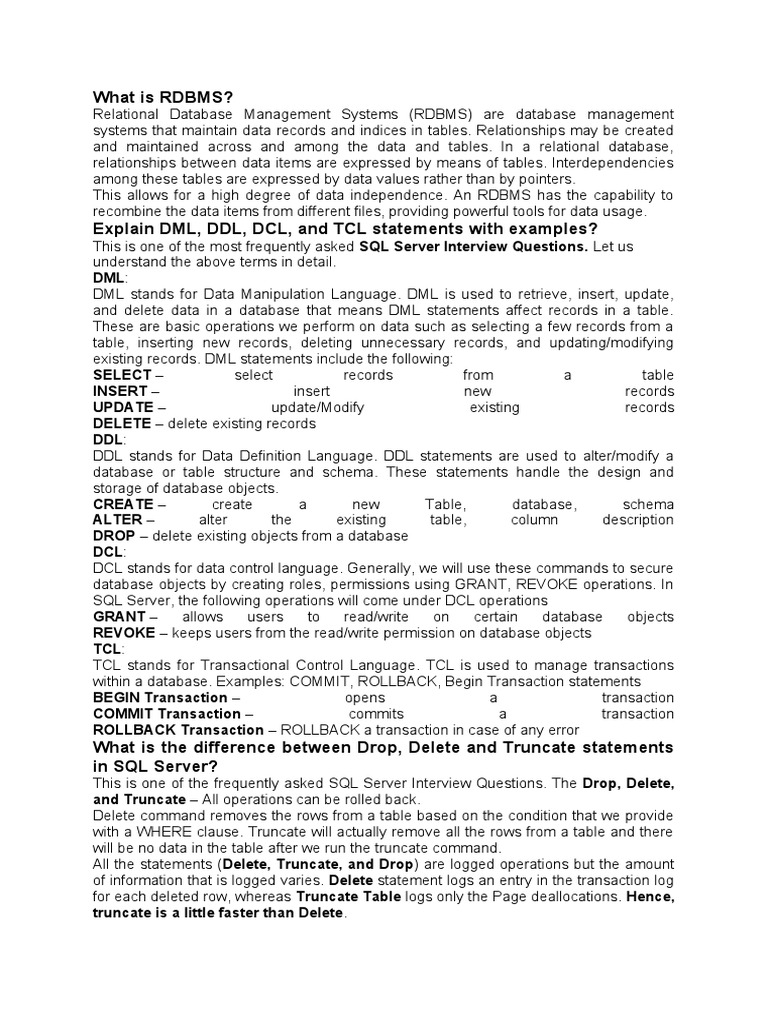 Sql Interview Questions Pdf Relational Database Database Index