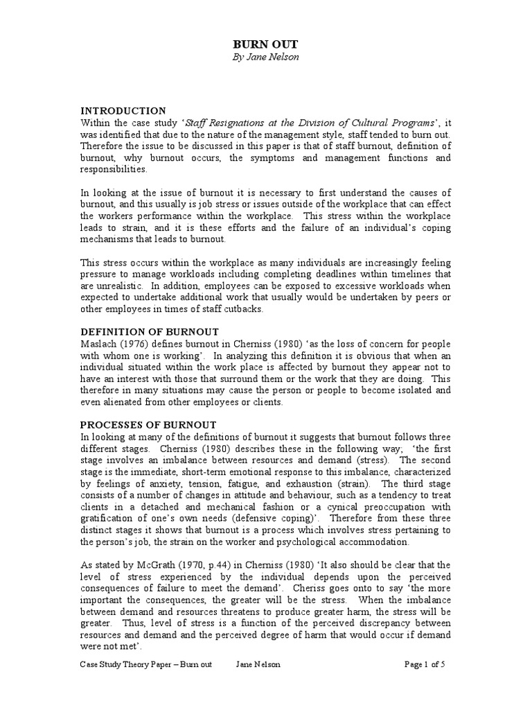 BurnOut Theory Paper - Jane Nelson | PDF | Occupational Burnout | Occupational Stress