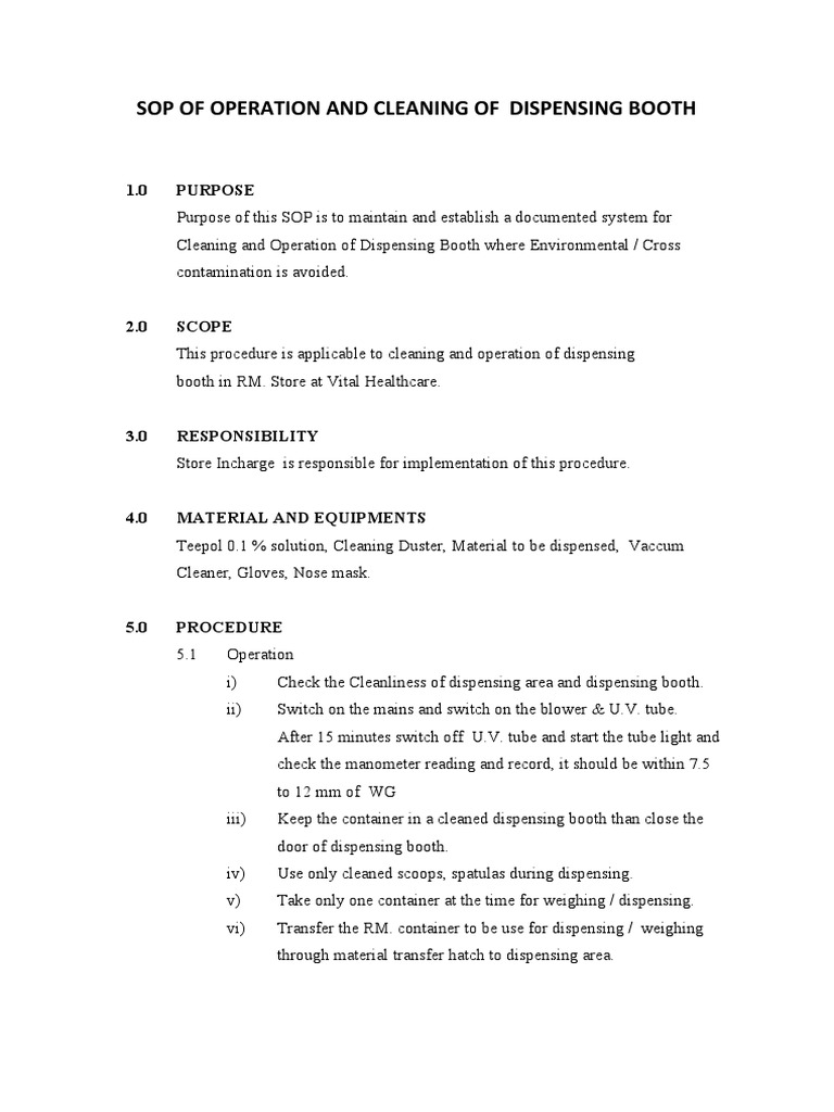 Sop of Cleaning and Operation of Dispensing Booth | PDF | Equipment ...