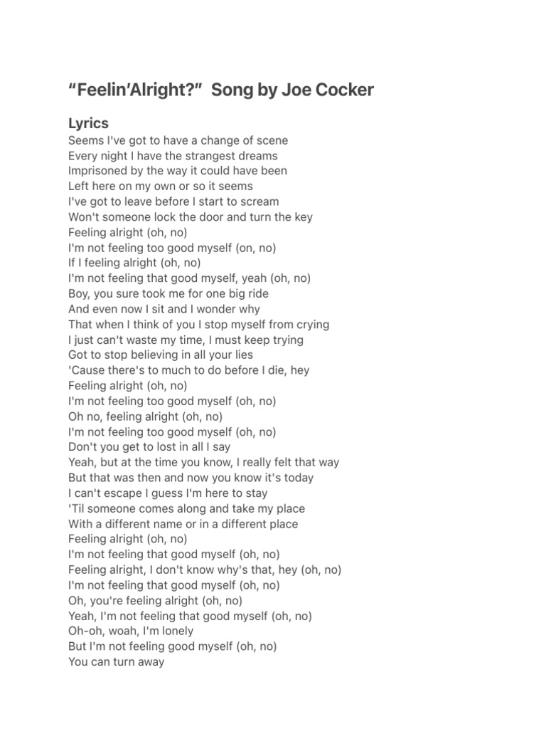 "Feelin'Alright?" Song by Joe Cocker | PDF | Poetry