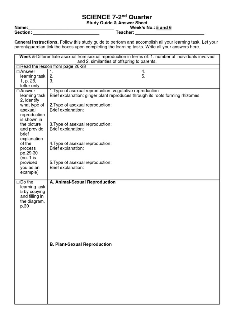 Answer Sheet and Learning Guide Week 5-6 | PDF | Sexual Reproduction ...