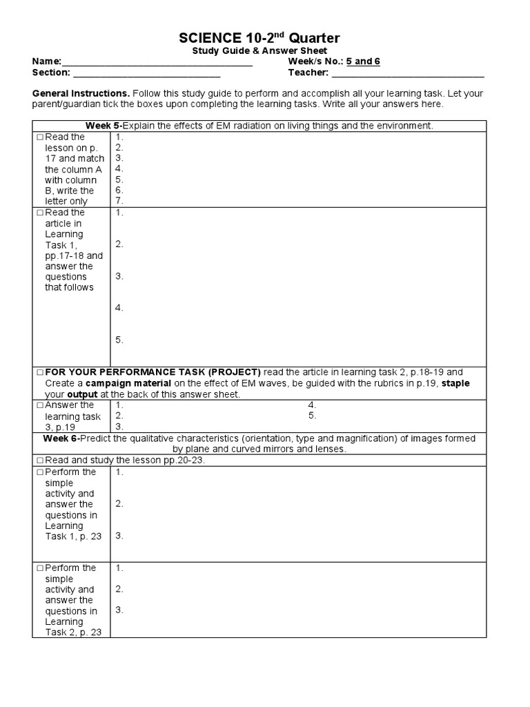 Answer Sheet And Learning Guide Week 5 6 G10 Pdf Glass Engineering And Science Natural 