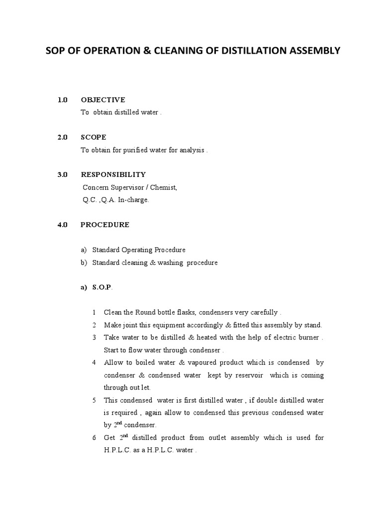 Sop of Operation & Cleaning of Distillation Assembly | PDF | Cooking ...
