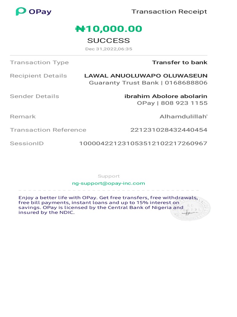OPay ₦10,000 Transfer Receipt | PDF | Finance & Money Management