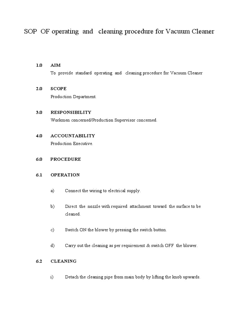 Vacuum Cleaner SOP for Production Area | PDF