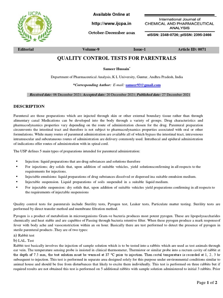 Quality Control Tests for Parenterals | PDF | Injection (Medicine ...