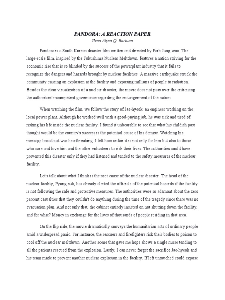 Reaction Paper - Pandora | PDF | Nuclear Technology | Nuclear Energy