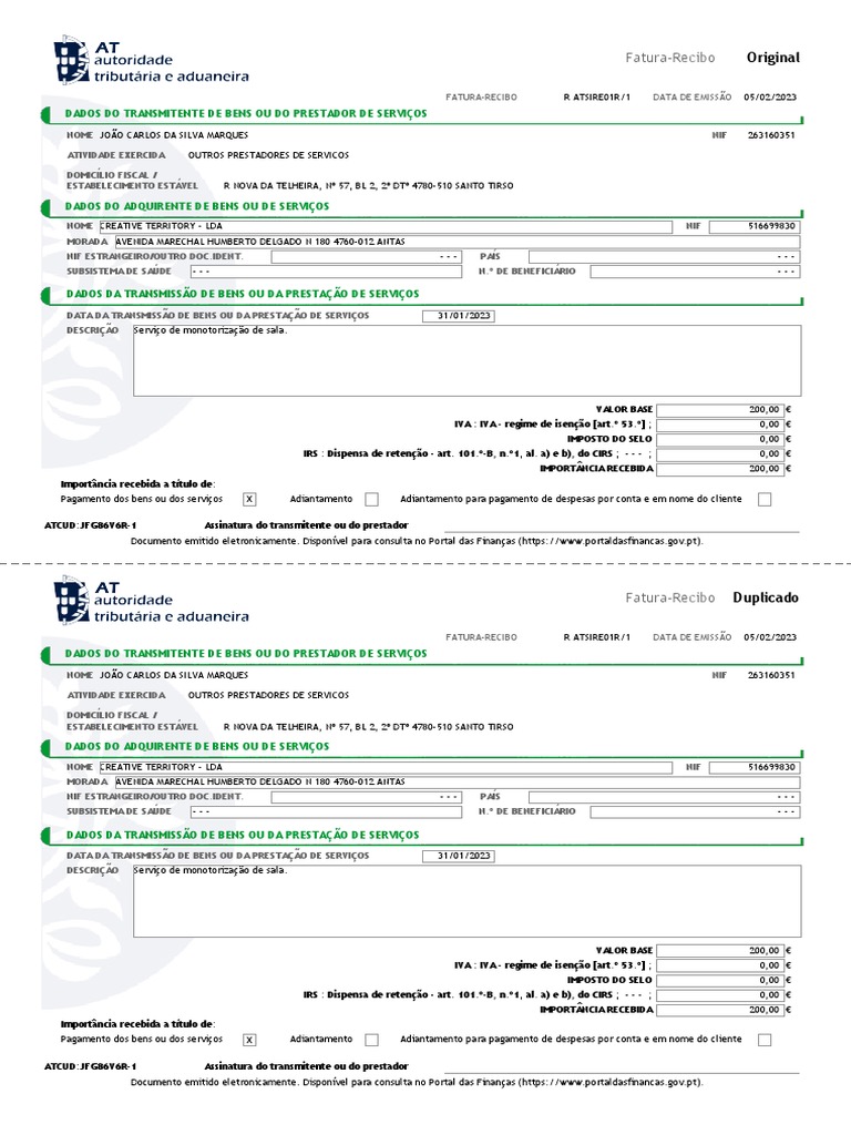 Fatura-Recibo: Original | PDF | Imposto sobre Valor Agregado (IVA ...