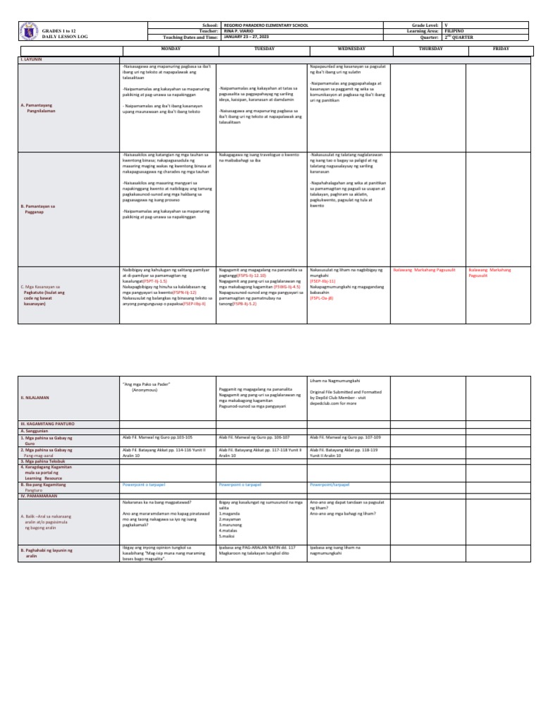 DLL - Filipino 5 - Q2 - W10 | PDF