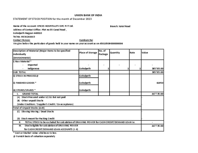 Union Bank of India Format | PDF | Credit | Finance & Money Management