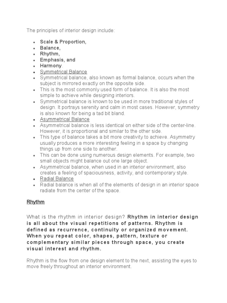 The Principles of Interior Design Include | PDF | Symmetry | Rhythm