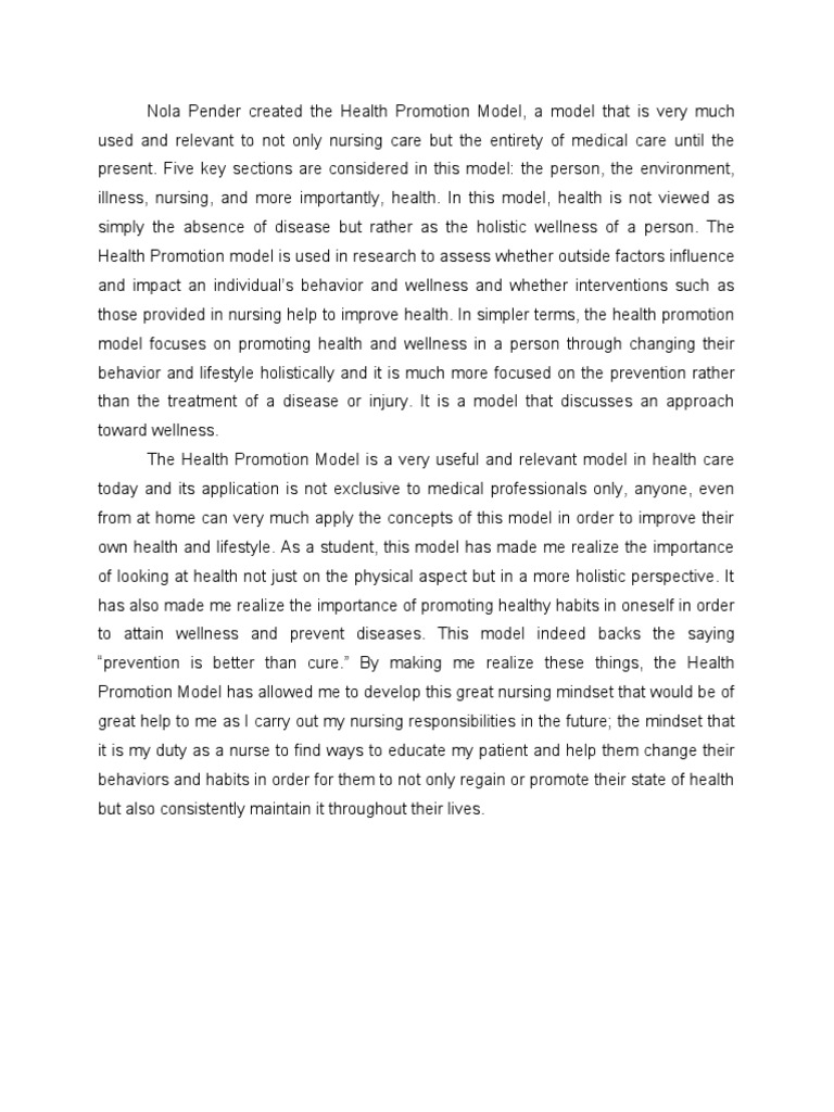 Nola Pender's Health Promotion Model | PDF