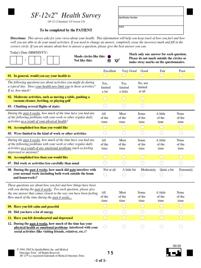 SF-12v2 Health Survey: To Be Completed by The PATIENT | Download Free ...