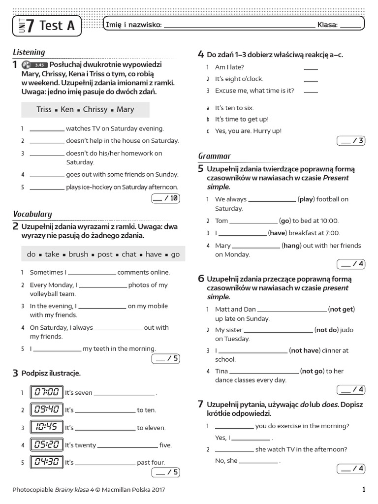 Brainy 4 Unit Test 7 A | PDF