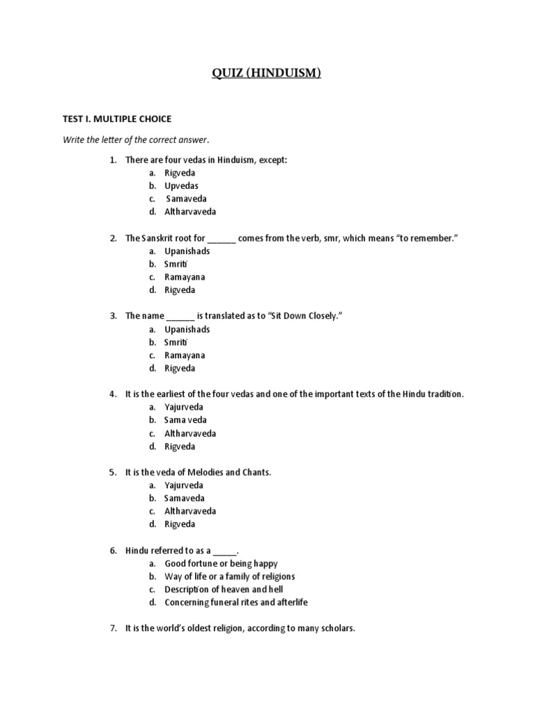 Quiz (Hinduism) | PDF | Bhagavad Gita | Vedas