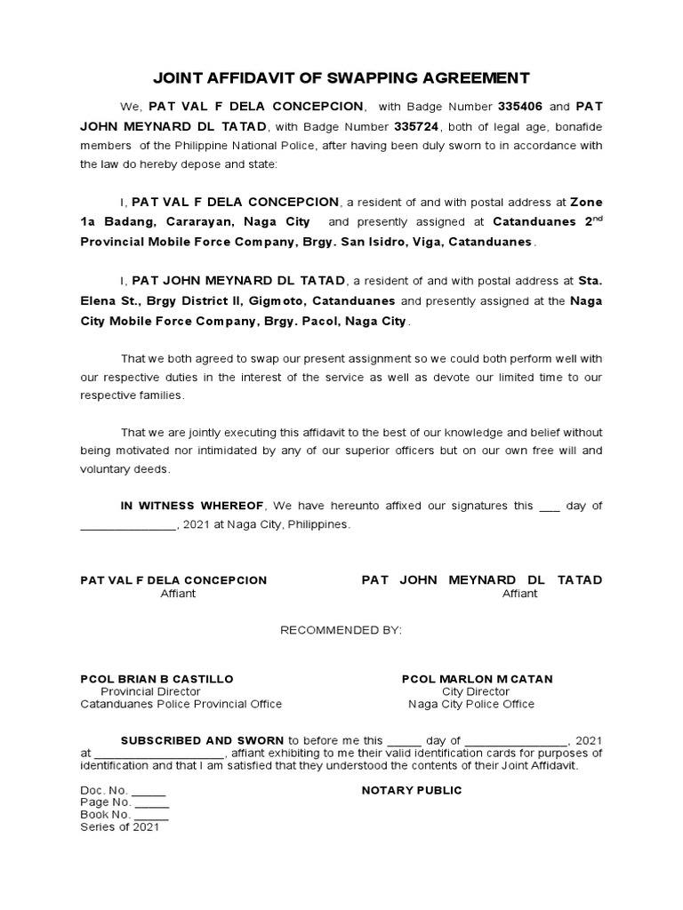 Joint Affidavit of Swapping Agreement | PDF