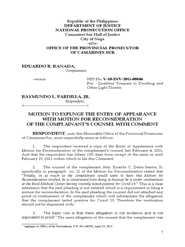 Philippine Prosecutor's Office Motion to Expunge | PDF | Common Law ...