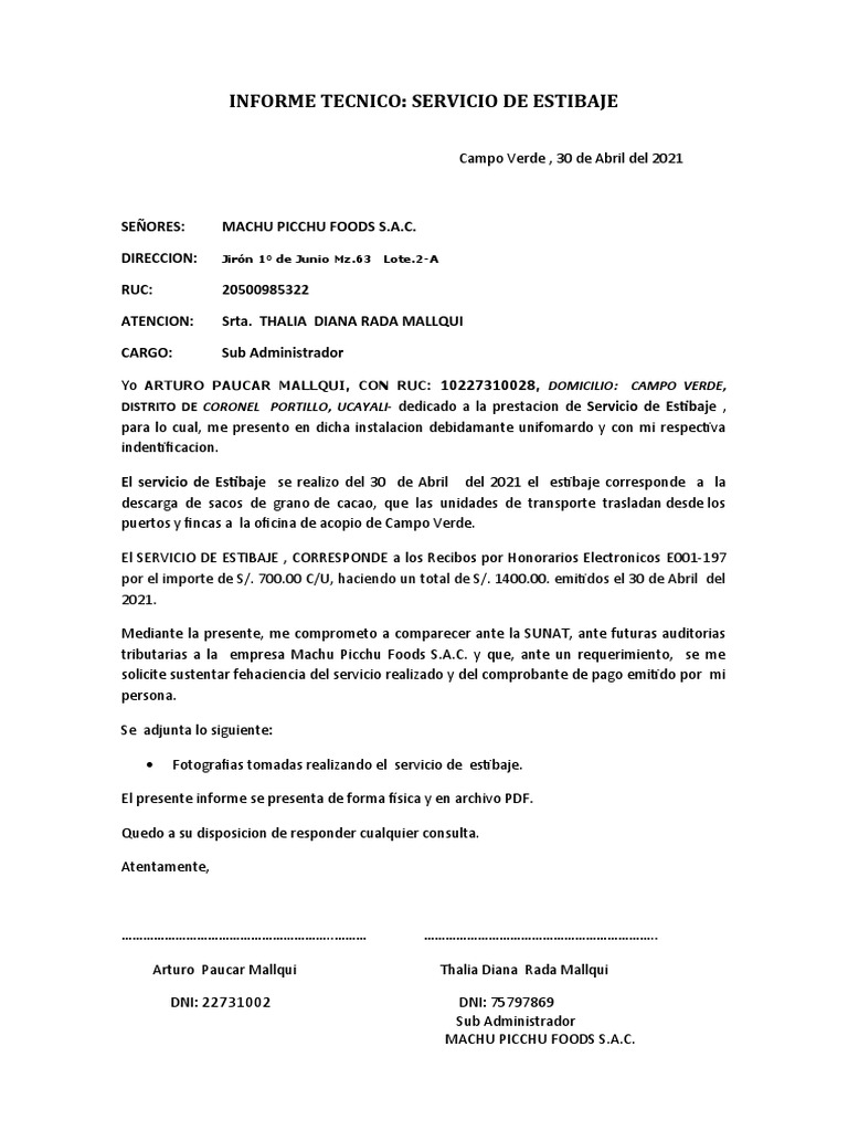 Informe Técnico de Estibaje de Cacao | PDF | Finanzas y dinero