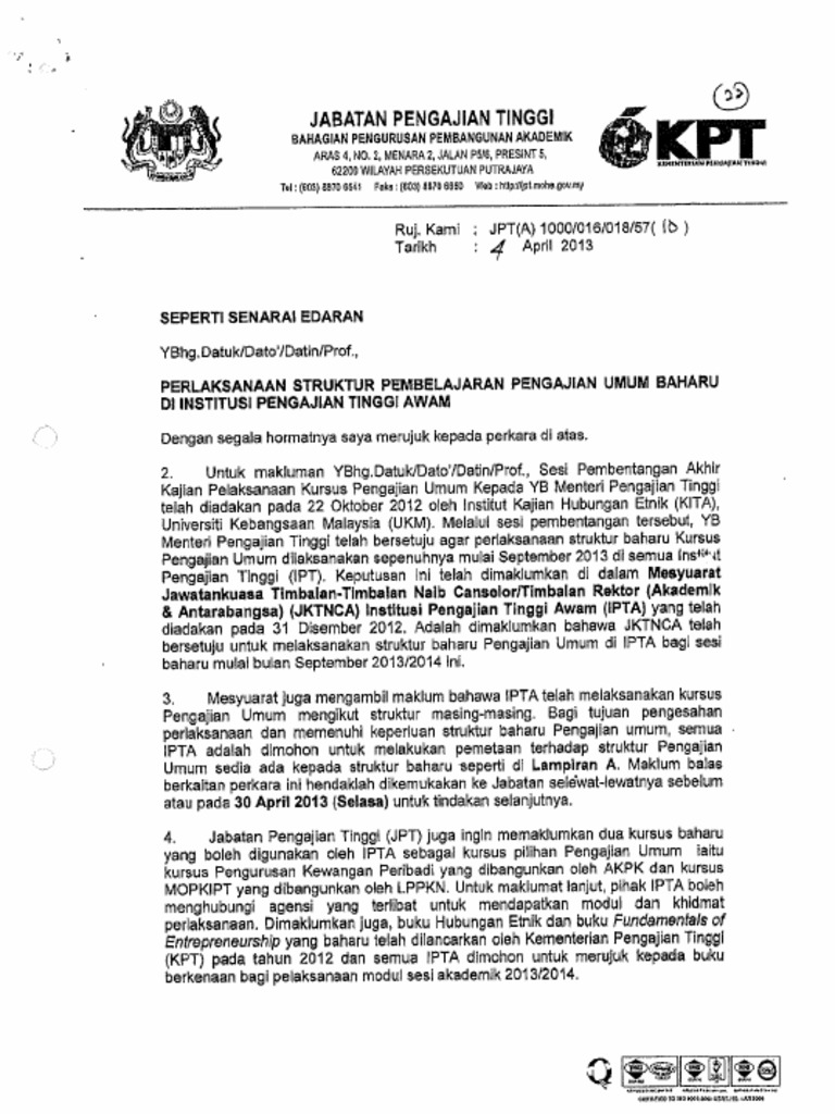 April 2013 - KPT - Pelaksanaan Struktur Pembelajaran Baharu Di Ipta | PDF