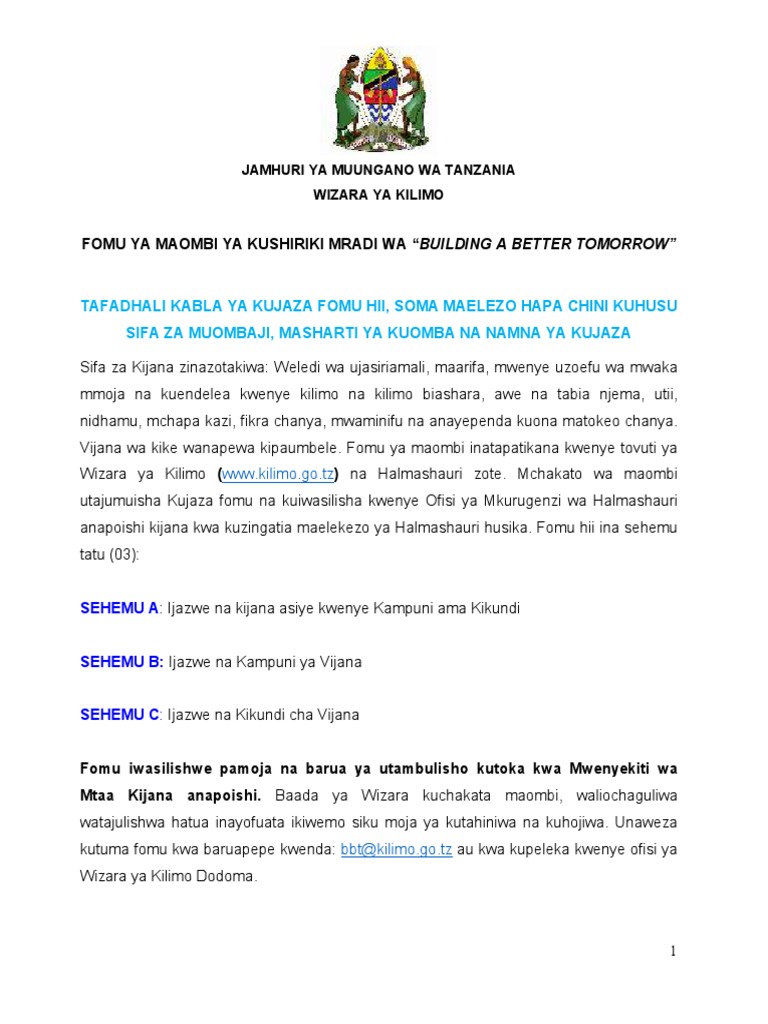 Fomu Ya Maombi Ya Kujiunga Na Programu Ya BBT Kwa Ajili Ya Vijana | PDF