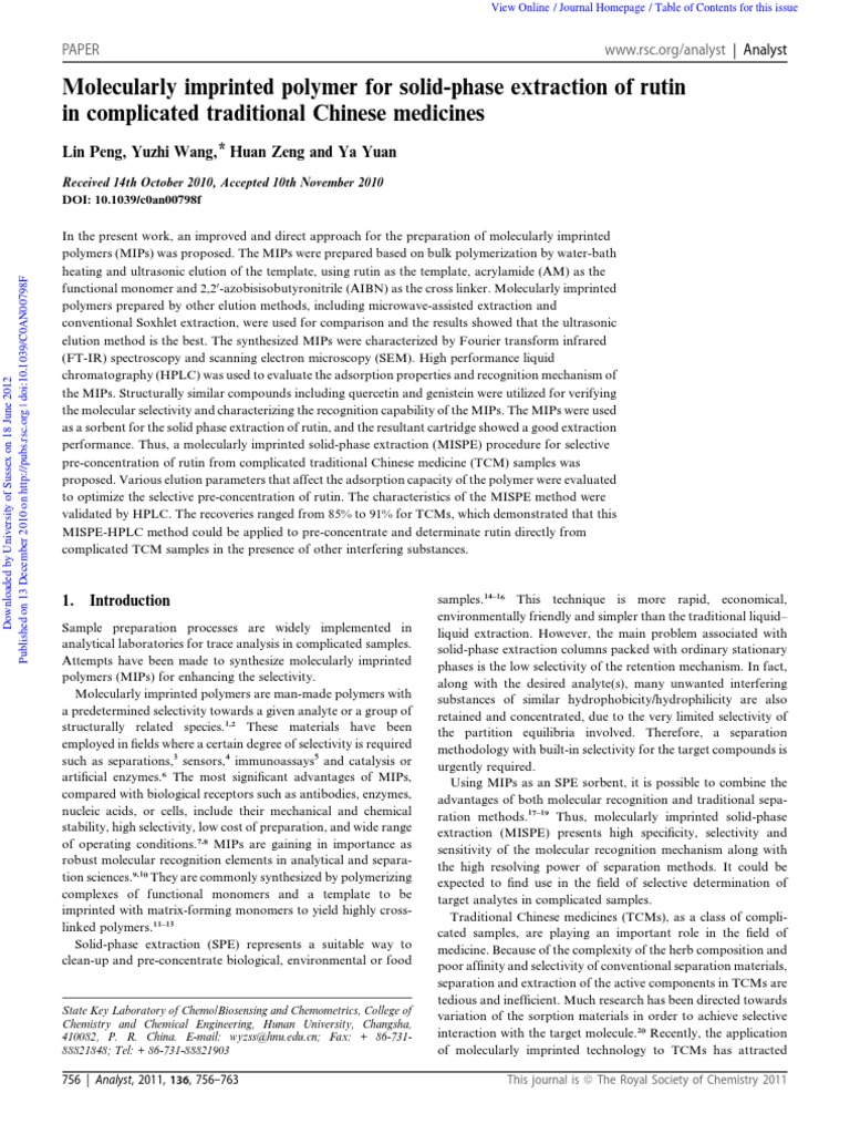 Ứng dụng chiết SPE-MIPs để xử lý và định lượng rutin trong thuốc nam ...
