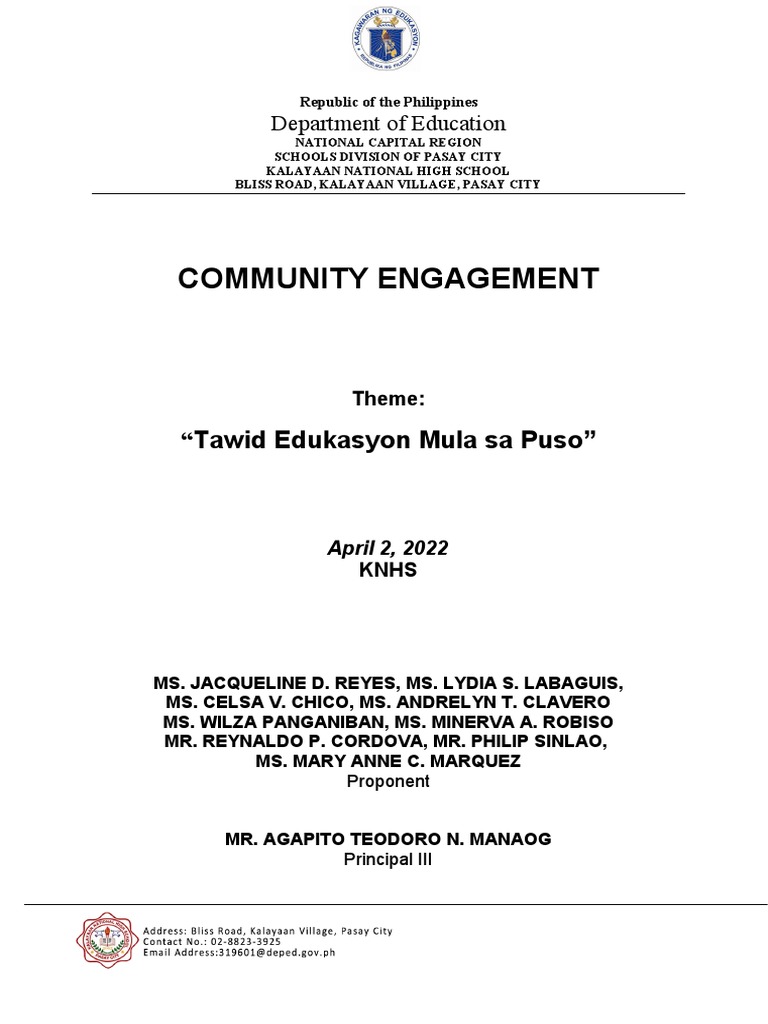 Community Engagement Activity Proposal 1 | PDF | Teachers | Cognitive ...