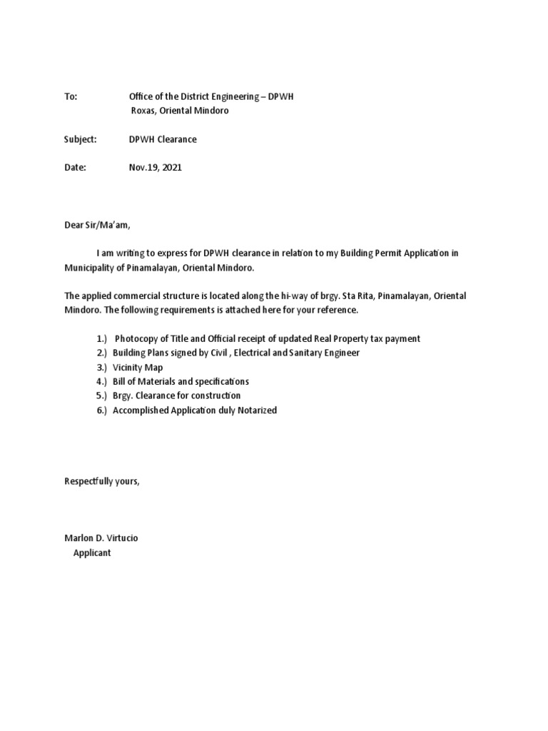 Request for DPWH Clearance to Build a Commercial Structure Along a ...