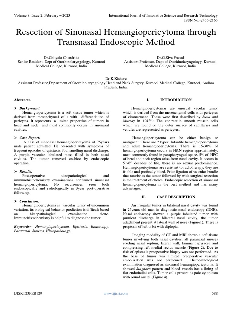 Resection of Sinonasal Hemangiopericytoma Through Transnasal Endoscopic Method | PDF | Neoplasms ...