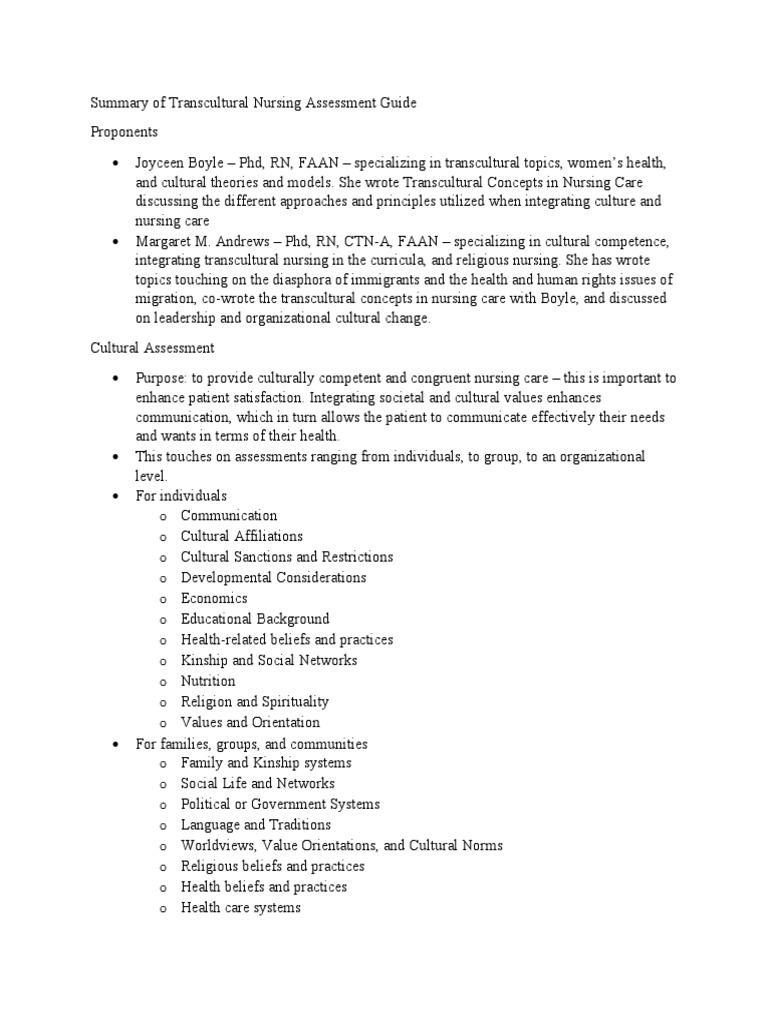 Summary of Transcultural Nursing Assessment Guide | PDF | Nursing ...