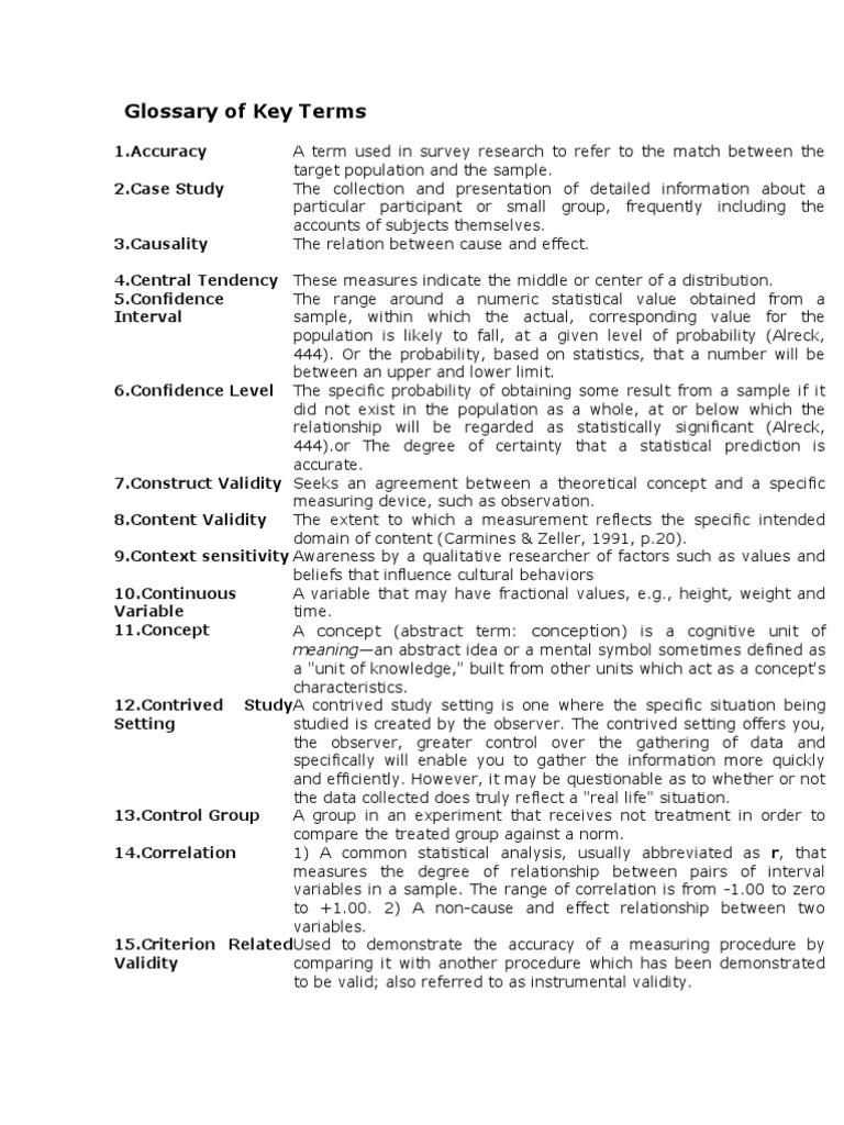 Glossary of Key Terms | PDF | Validity (Statistics) | Survey Methodology