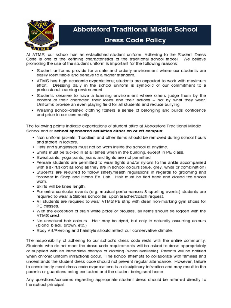 ATMS Dress Code Policy Overview | PDF | Clothing | Dress