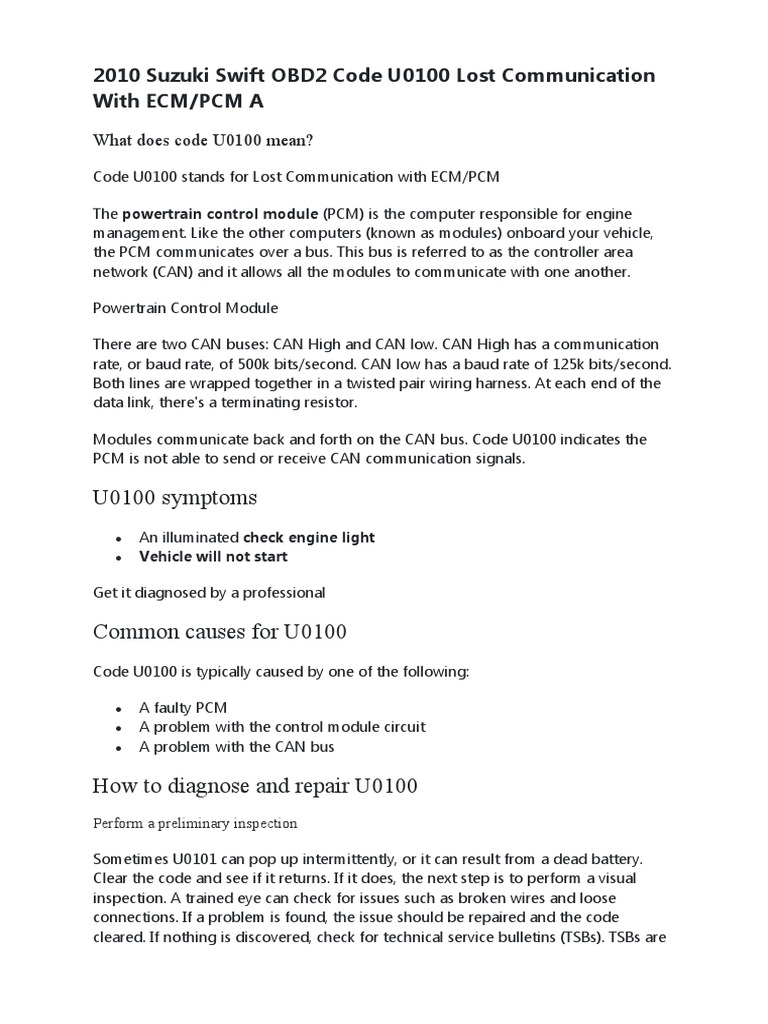 2010 Suzuki Swift OBD2 Code U0100 Lost Communication With ECM | PDF ...