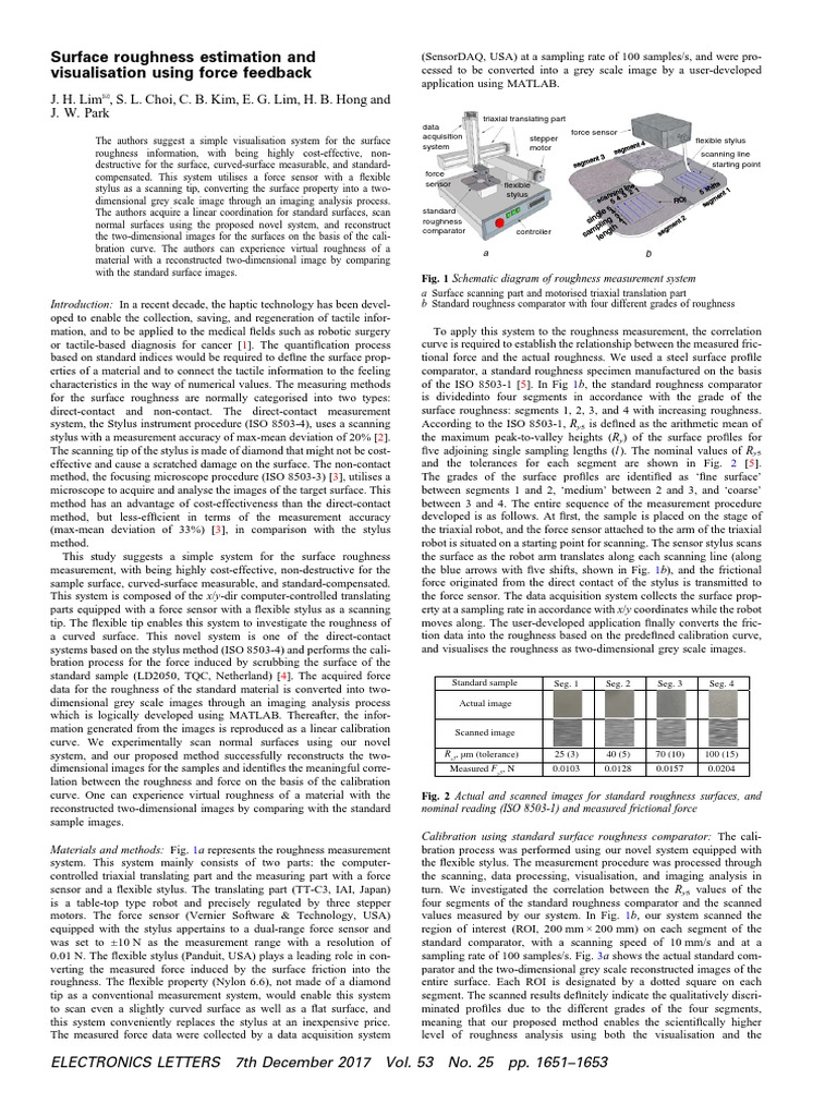 Surface Roughness Estimation And Visualisation Using Force Feedback Pdf Surface Roughness