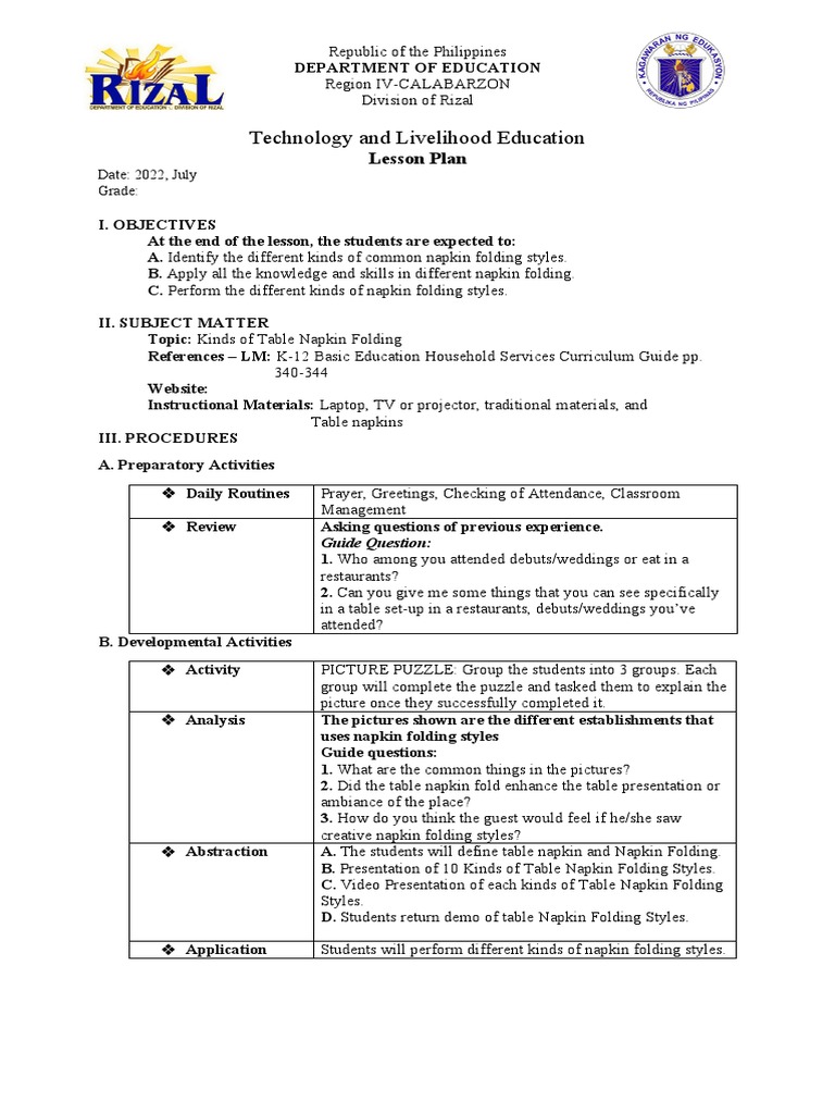 Technology and Livelihood Education: Lesson Plan | PDF | Lesson Plan ...