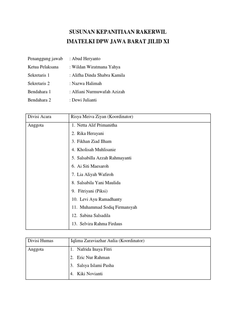 Susunan Kepanitiaan Dan Jobdesc Rakerwil Jilid Xi | PDF
