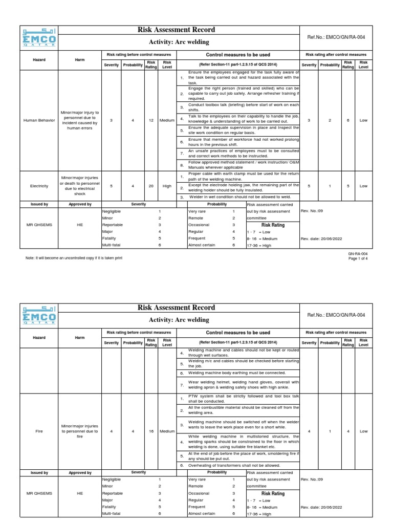 Risk Assessment for Arc Welding Activity | PDF | Welding | Construction
