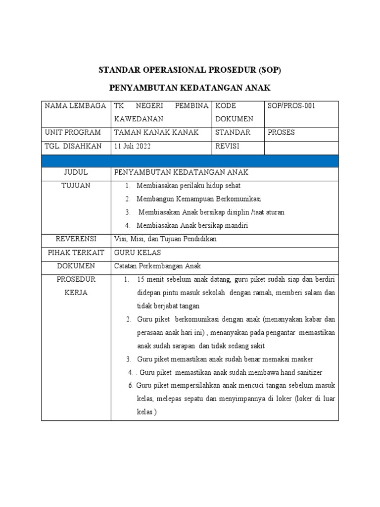 contoh sop paud | PDF