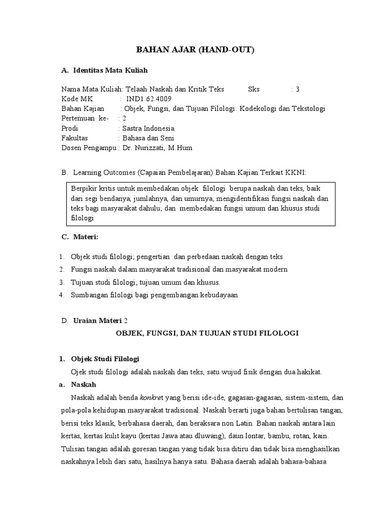 Bahan Ajar Pertemuan Pengertian Naskah | PDF