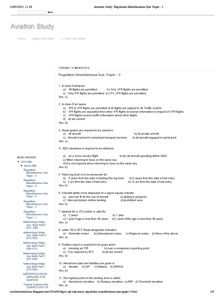 Aviation Study - Regulation Miscellaneous Que. Paper - 3 | PDF | Visual Flight Rules ...