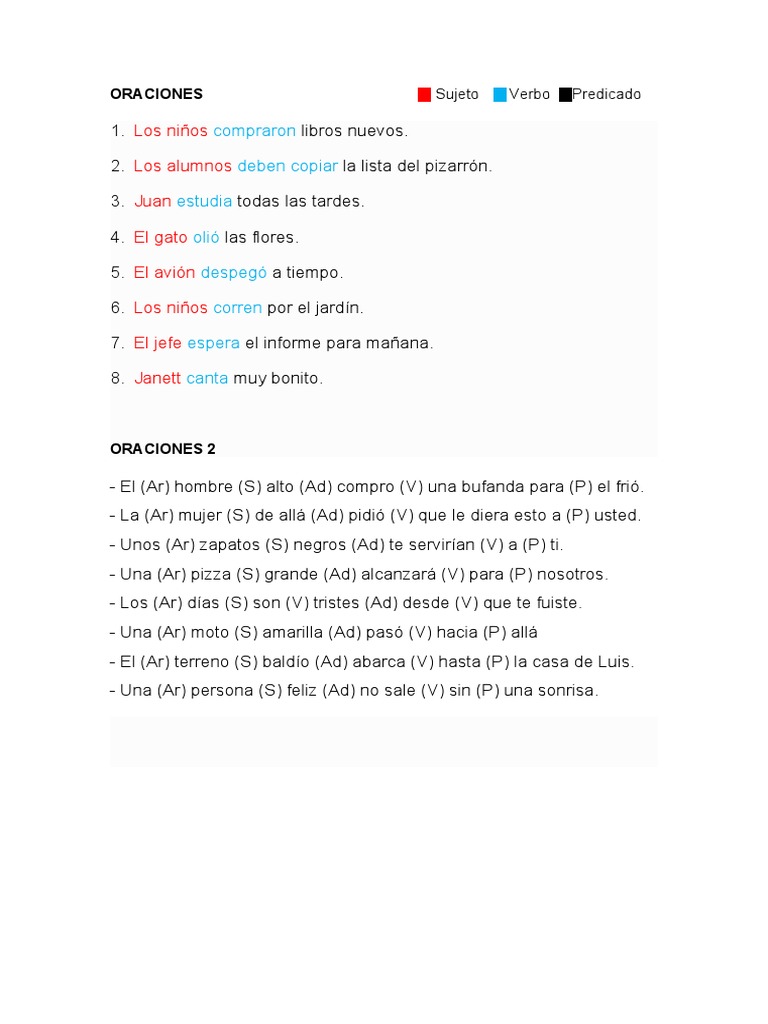 ORACIONES Sujeto Verbo Predicado | PDF