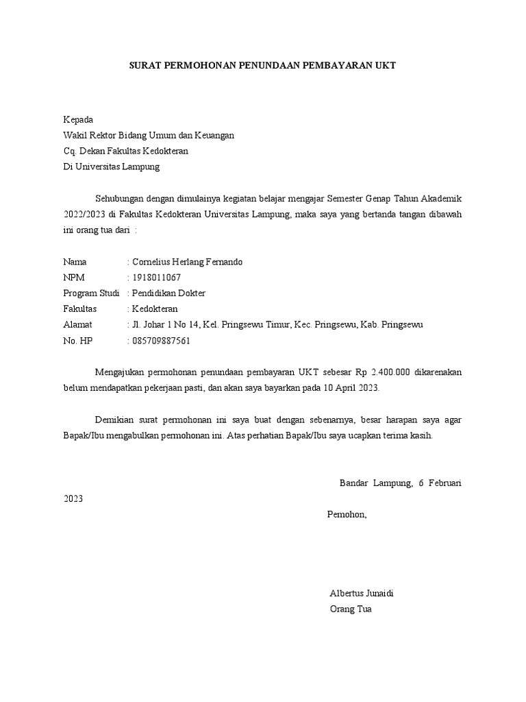 Surat Permohonan Penundaan Pembayaran Ukt | PDF