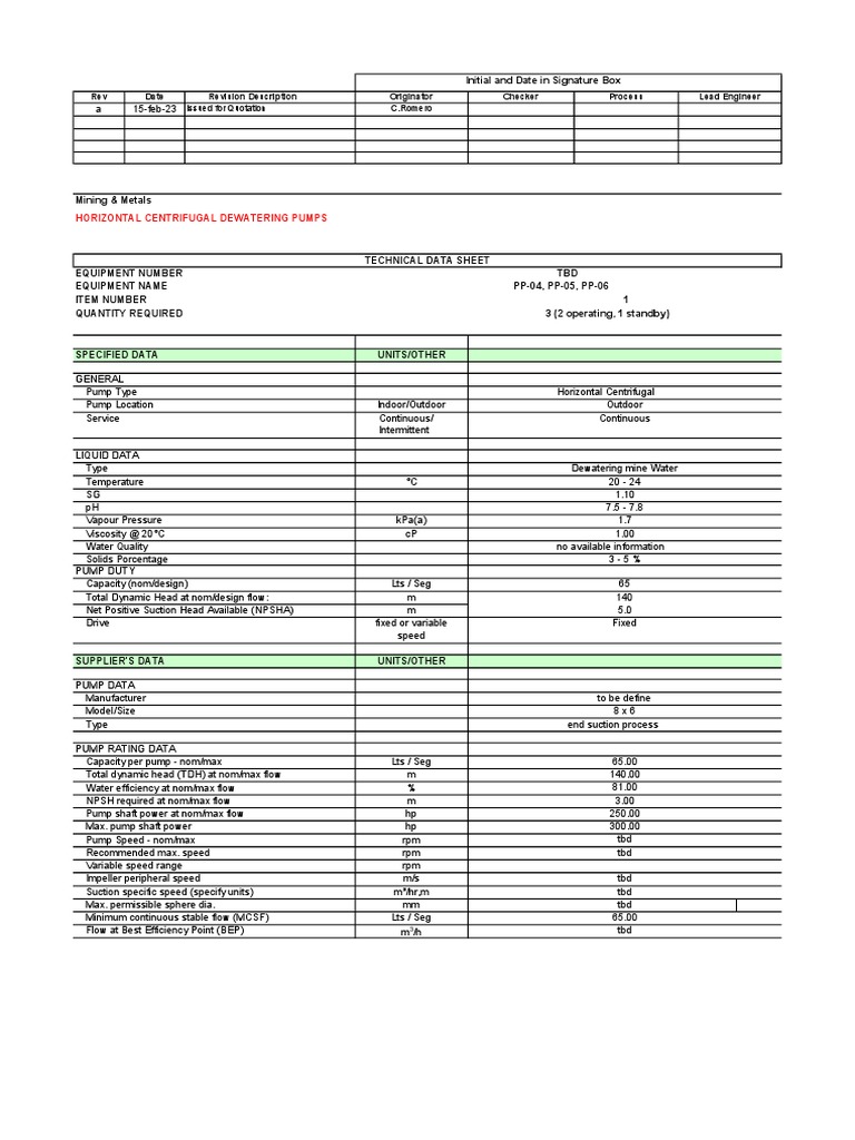 Horizontal Centrifugal Dewatering Pumps Technical Data Sheet | PDF | Pump | Mechanical Engineering