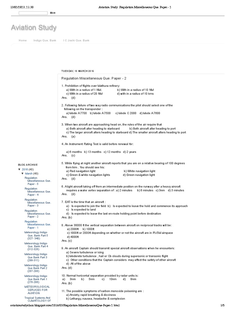 Aviation Regulation Quiz Paper 2 | PDF | Instrument Flight Rules ...