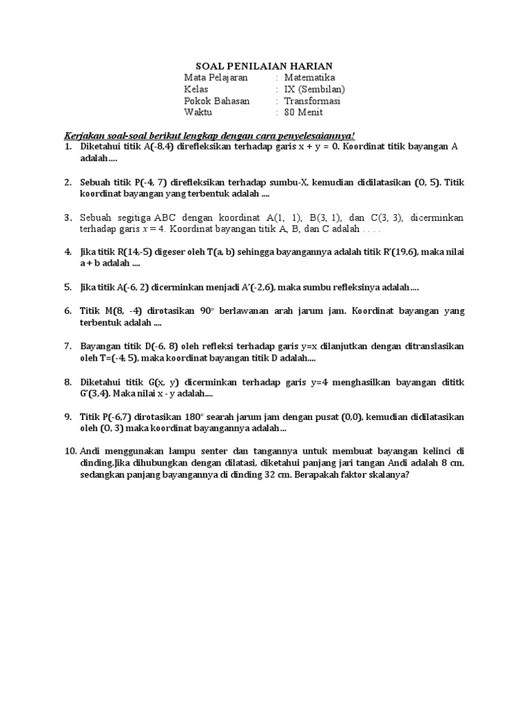 Soal Ulangan Matematika Kelas 9 Bab 3 Transformasi | PDF