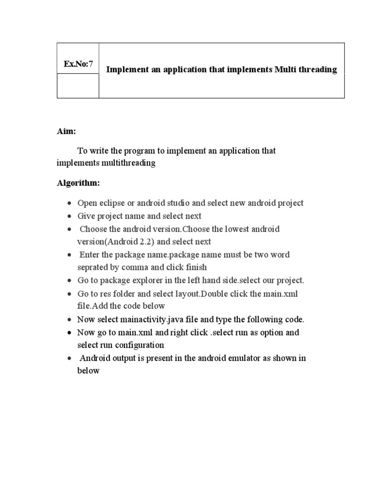 Exno 7 | PDF | Android (Operating System) | Thread (Computing)