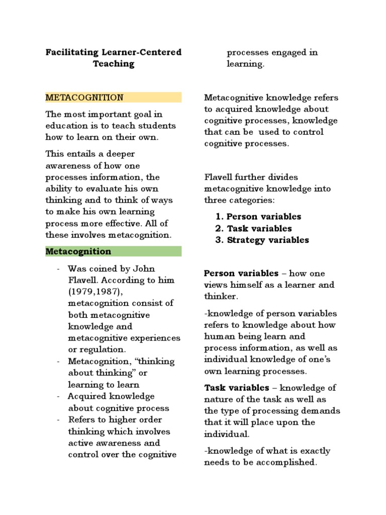 Facilitating Learner-Centered Teaching - METACOGNITION | Download Free PDF | Metacognition ...